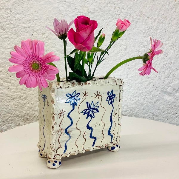 Cobalt Blue Flower Brick (large) with wiggly flowers | Sarah Monk Ceramics