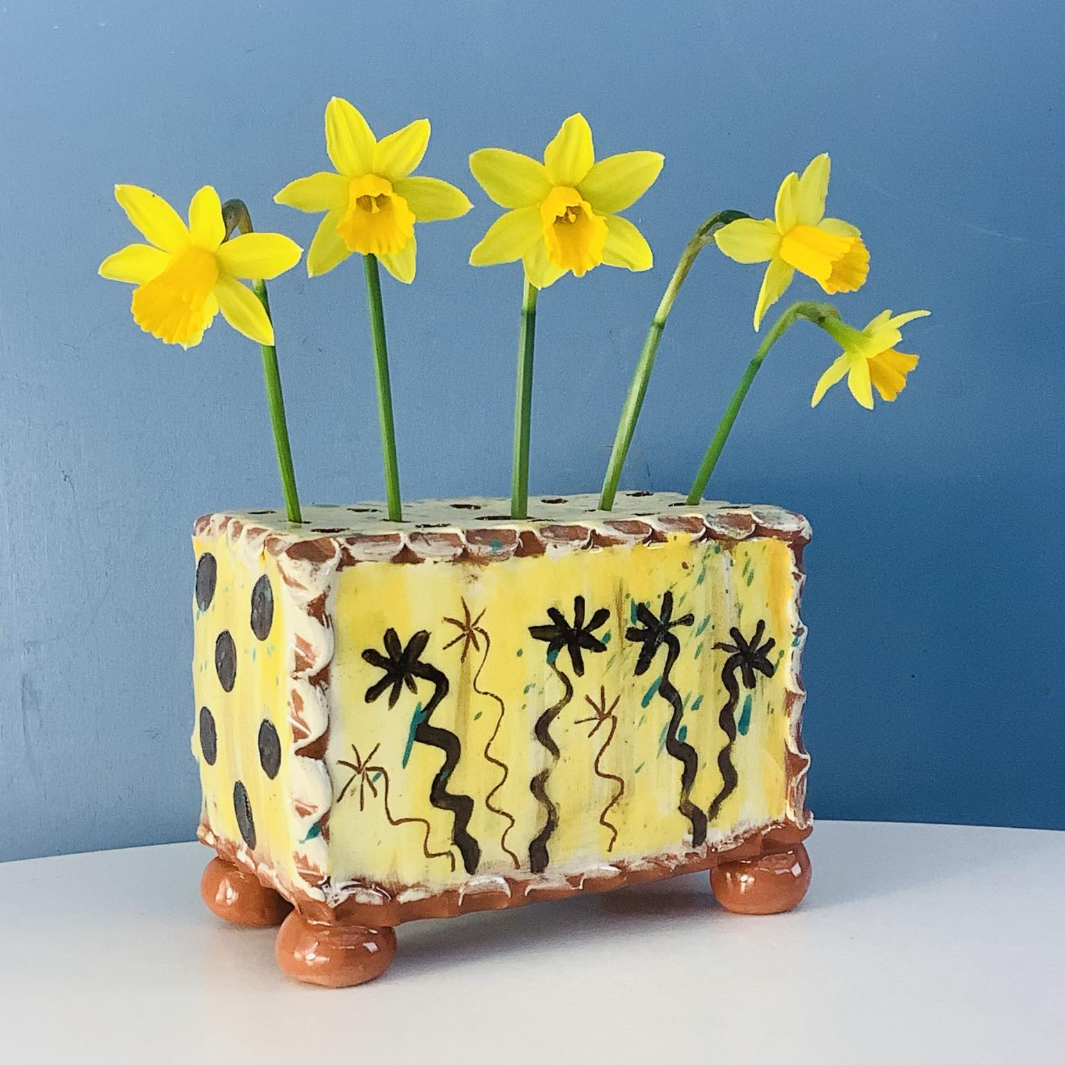 Flower Brick, yellow with wiggly brown daisies and polka dots. | Sarah ...